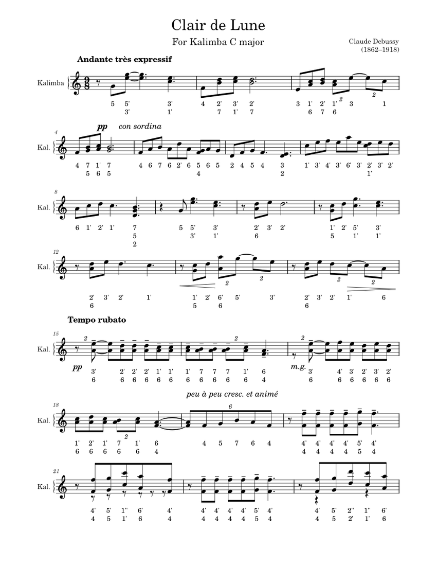 Clair de lune – Claude Debussy Kalimba C Major Sheet music for Kalimba ...