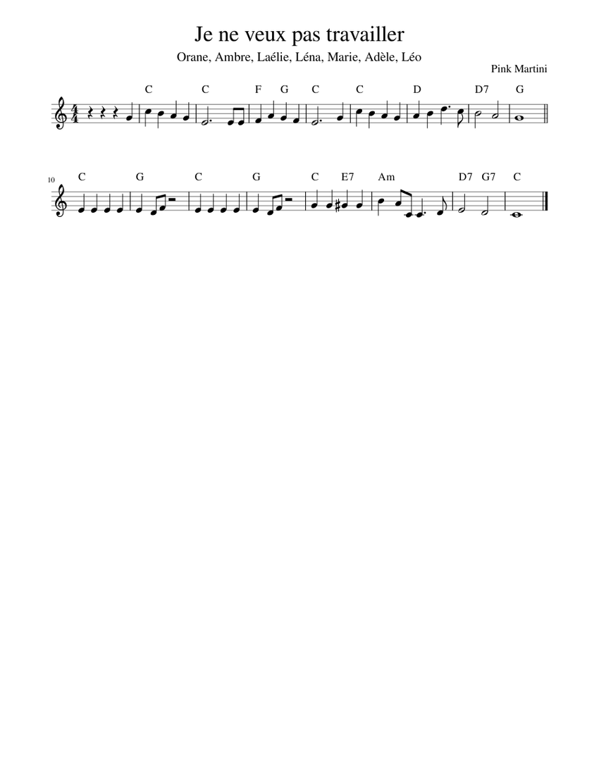Je_ne_veux_pas_travailler Sheet Music with Chords for Piano (Solo) Easy ...