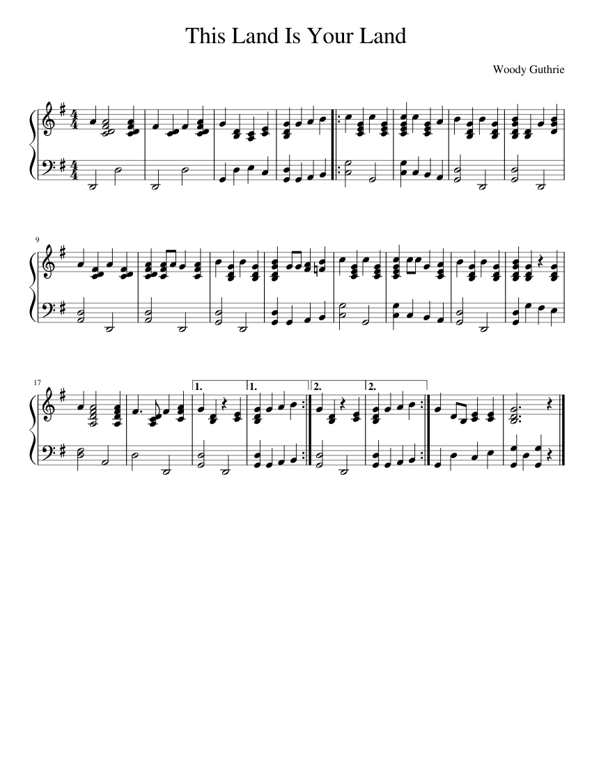 This Land Is Your Land Sheet Music for Piano (Solo) easy | MuseScore.com