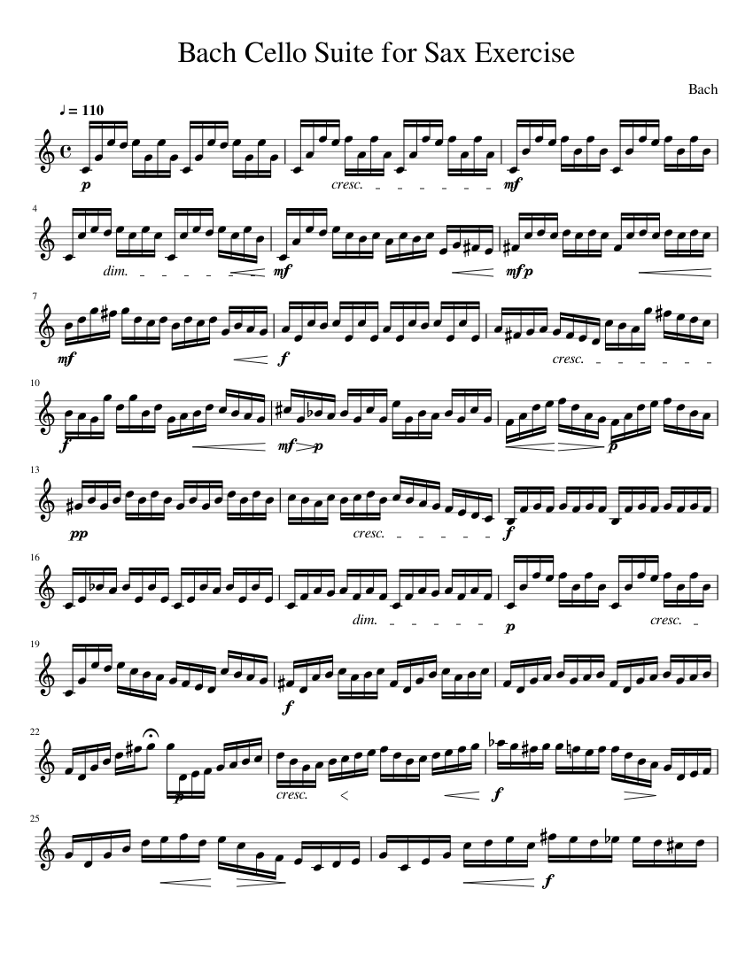 Bach Cello Suite for Sax Exercise Sheet music for Saxophone tenor (Solo ...