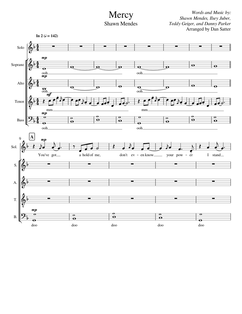 Mercy - Shawn Mendes (A Cappella) Sheet Music for Soprano, Alto, Tenor ...