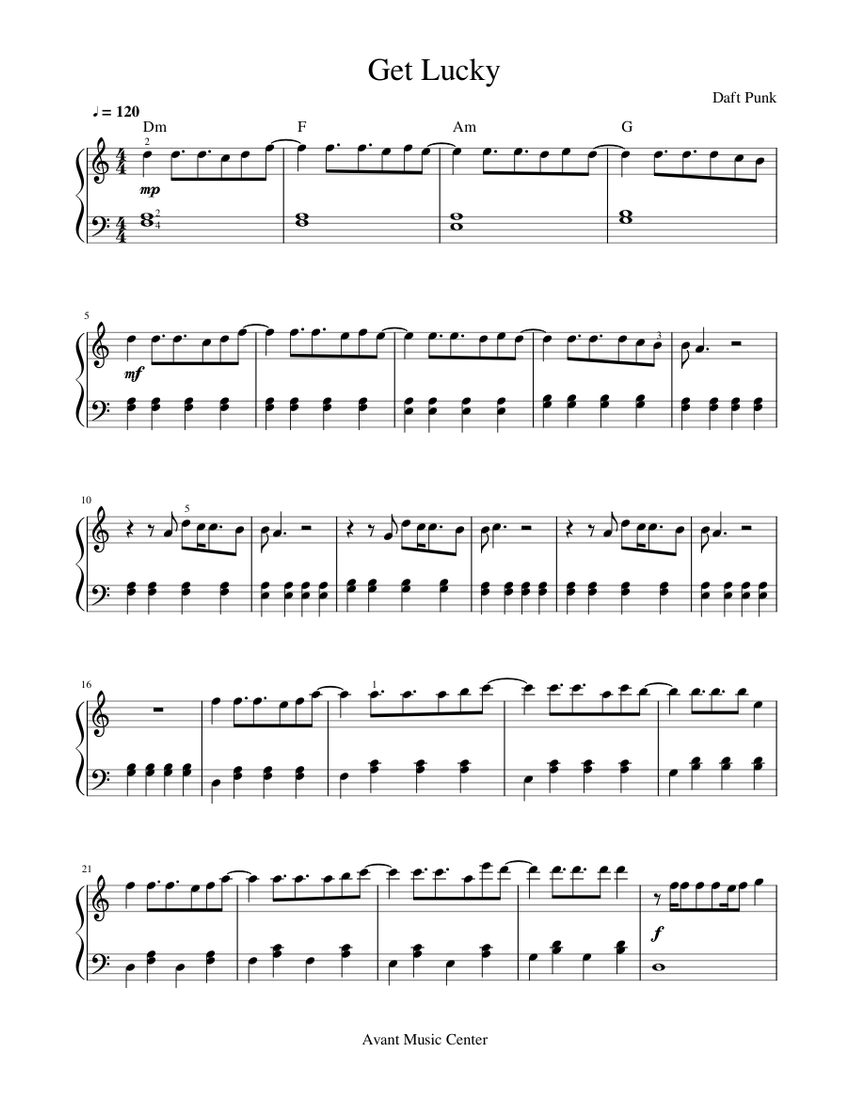 Get Lucky piano EASY Sheet Music with Chords for Piano (Solo ...