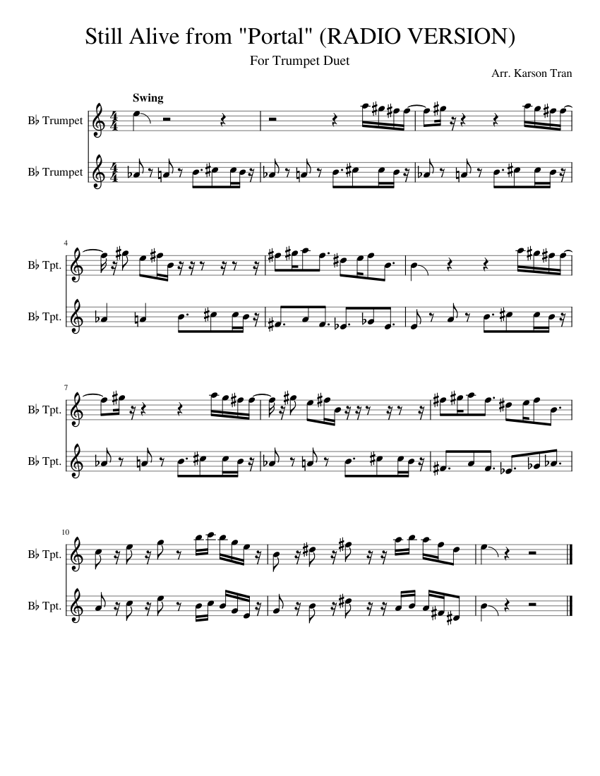 Still Alive from "Portal" (RADIO VERSION) Sheet Music for Trumpet in b ...