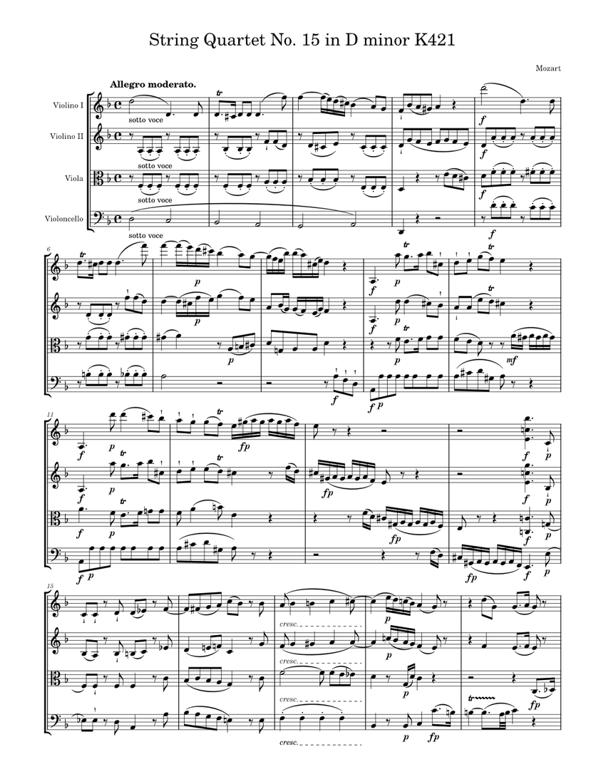 Mozart String Quartet No. 15 in D minor K421 Sheet Music for Violin, Viola, Cello (String ...