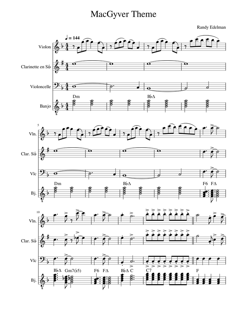 MacGyver Theme Sheet Music with Chords for Clarinet in b-flat, Violin ...