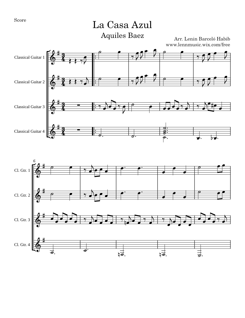 La casa azul – Aquiles Baez Arr. Lenin Barceló Sheet music for Guitar ...