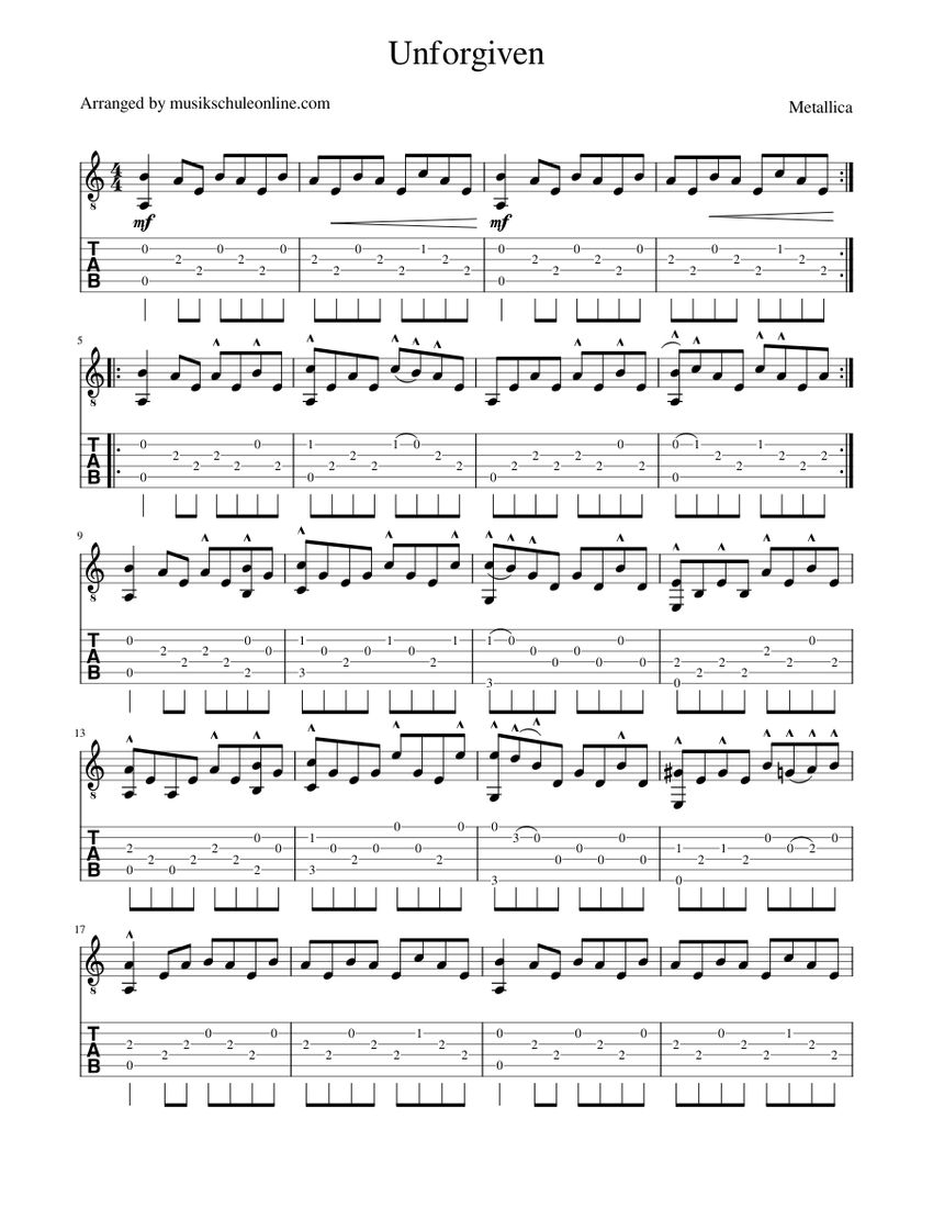 Unforgiven - Fingerstyle cover Sheet Music and Tab for Guitar (Solo ...