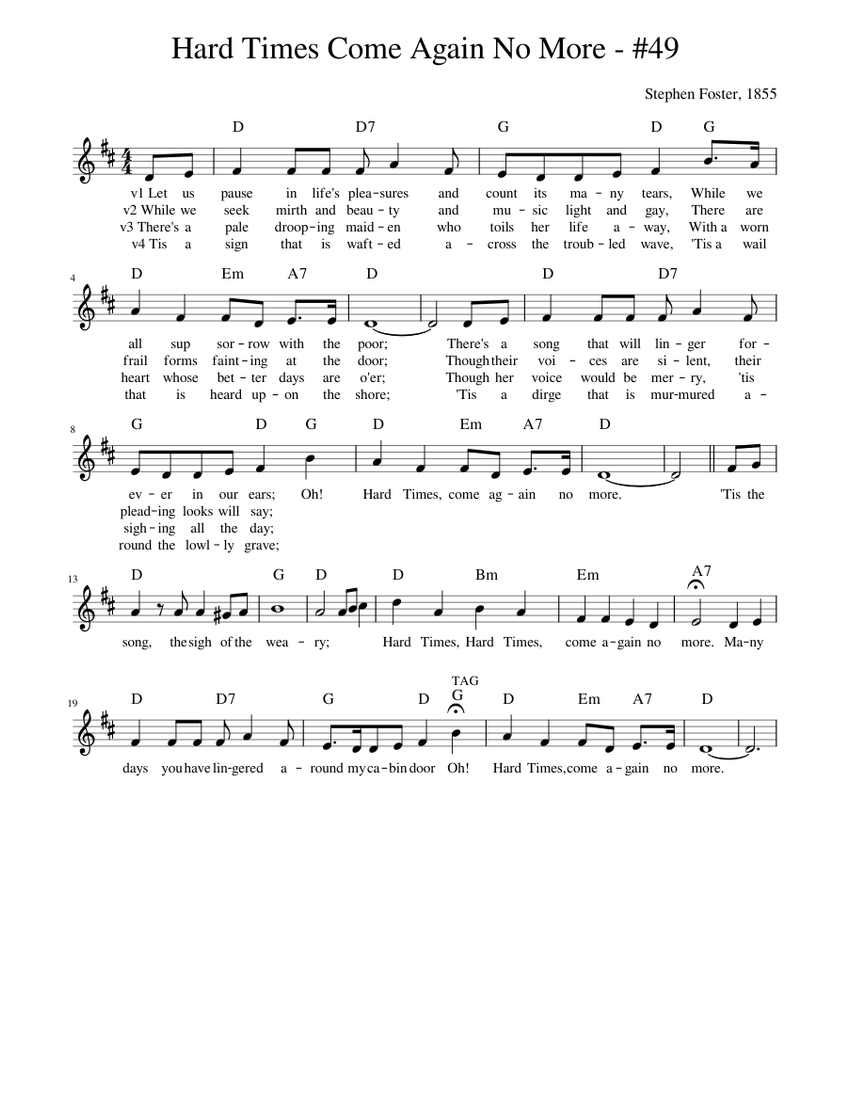 Stephen Foster - Hard Times Come Again No More - #49 Sheet Music for ...