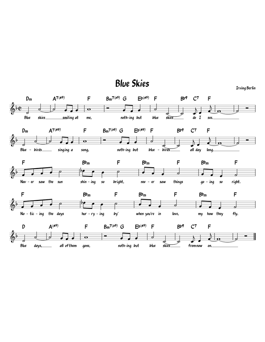 Blue Skies Sheet Music with Chords for Piano (Solo) Easy | MuseScore.com