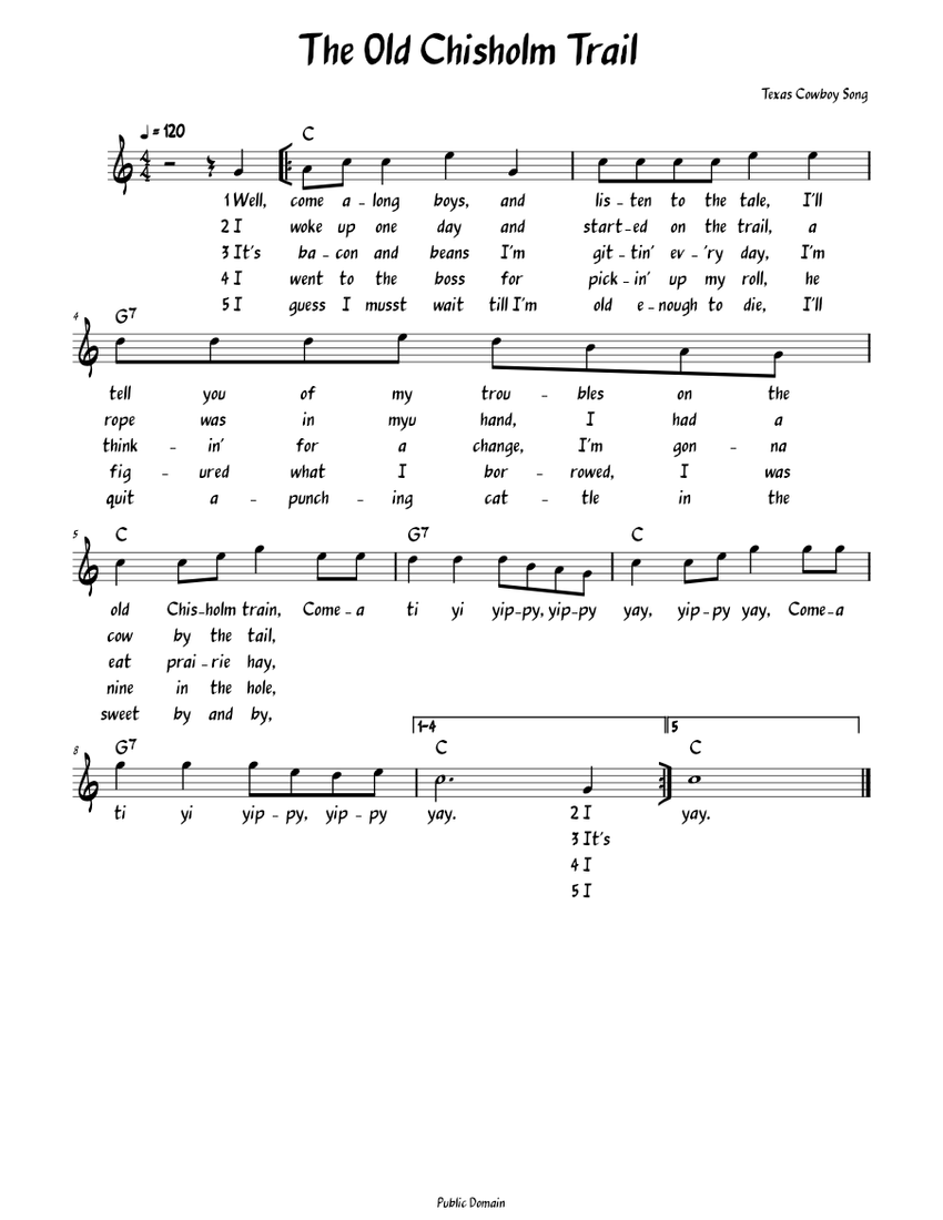 The Old Chisholm Trail (Lead sheet with lyrics ) Sheet Music with ...