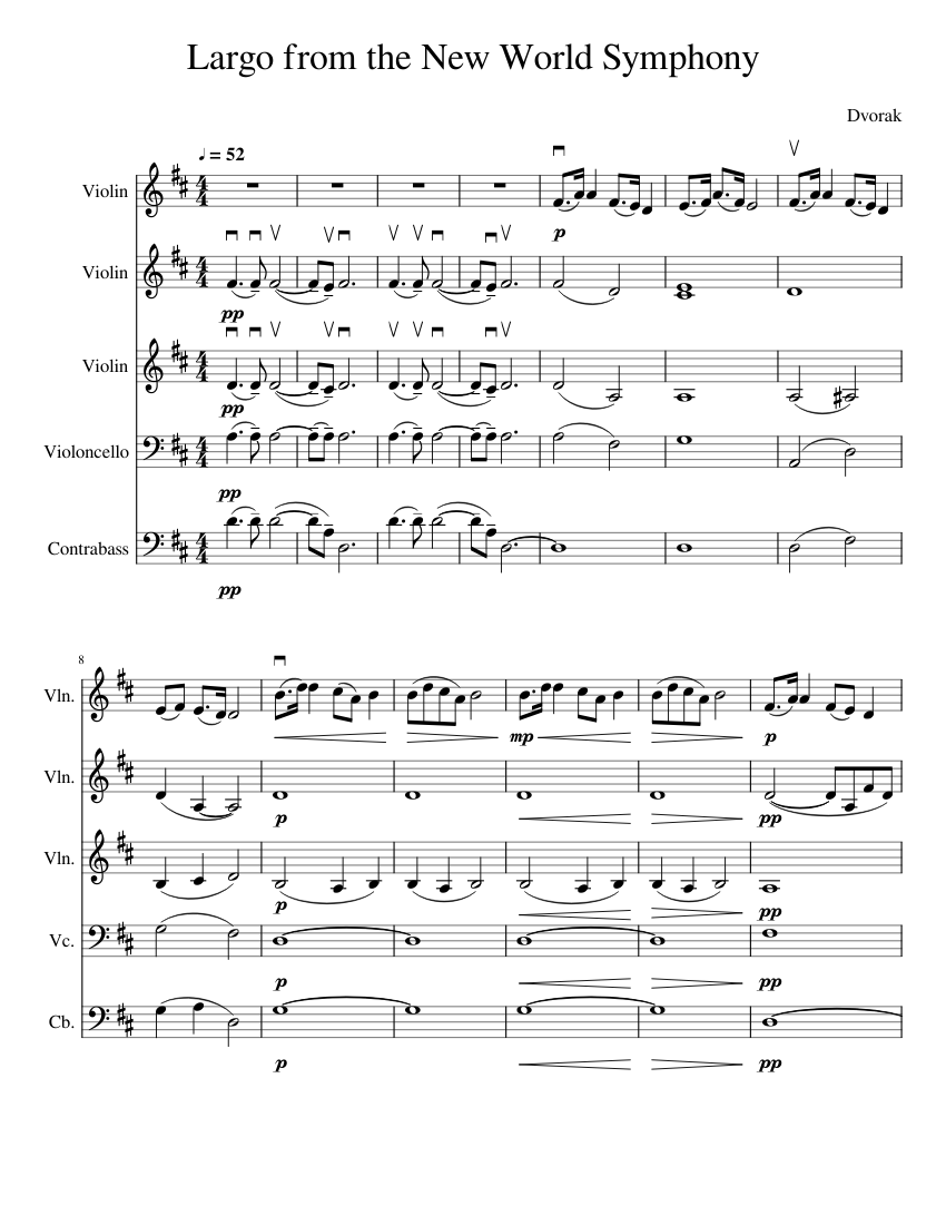 Largo from the New World Symphony Sheet Music for Contrabass, Violin ...