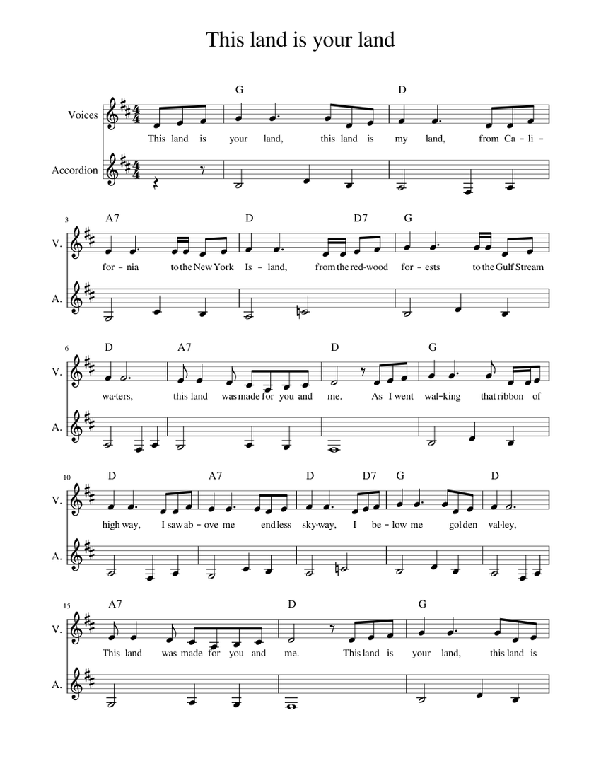 This land is your land Sheet Music with Chords for Piano, Alto (Piano ...