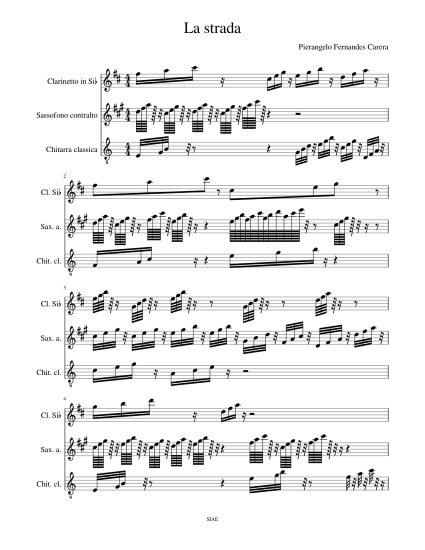 La strada Sheet Music for Clarinet in b-flat, Saxophone alto, Guitar ...