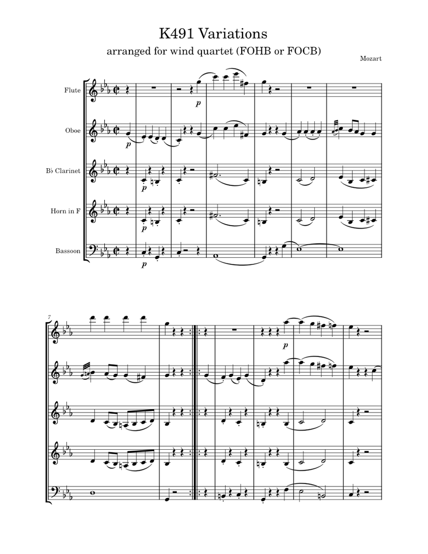 Variations from Piano Concerto in C minor K491 - Mozart Sheet Music for Flute, Oboe, Clarinet in ...