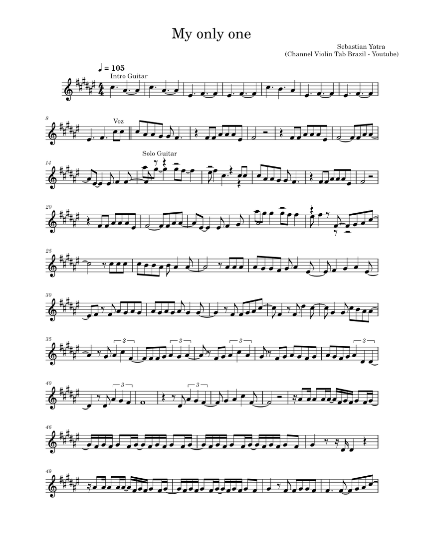 My Only one Sebastián Yatra (Violin Tab Brazil - Youtube) Sheet Music ...