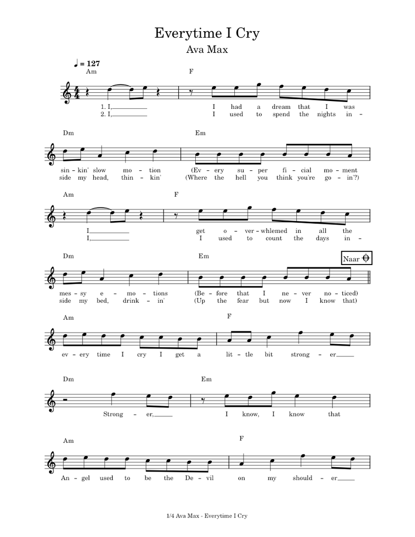 Everytime I Cry – Ava Max Sheet Music with Chords for Piano (Solo) Easy ...