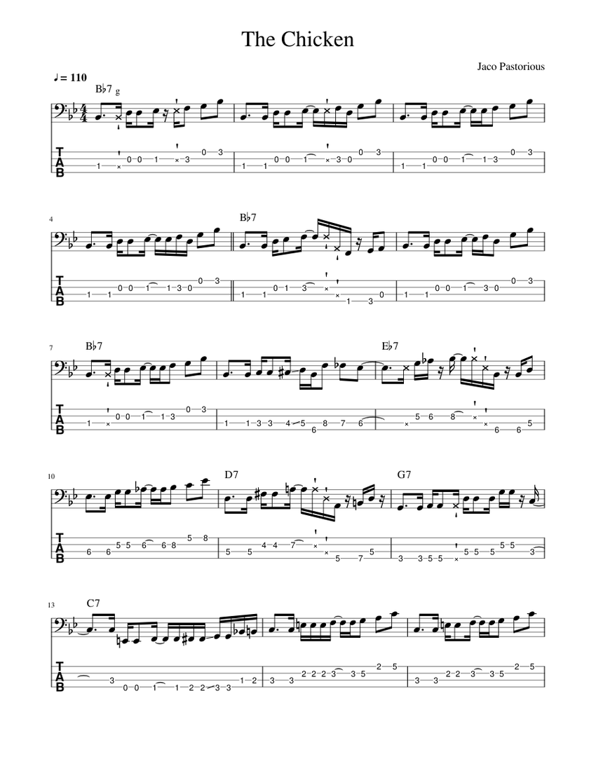 The Chicken - Jaco Pastorius Sheet Music and Tab with Chords for Bass ...