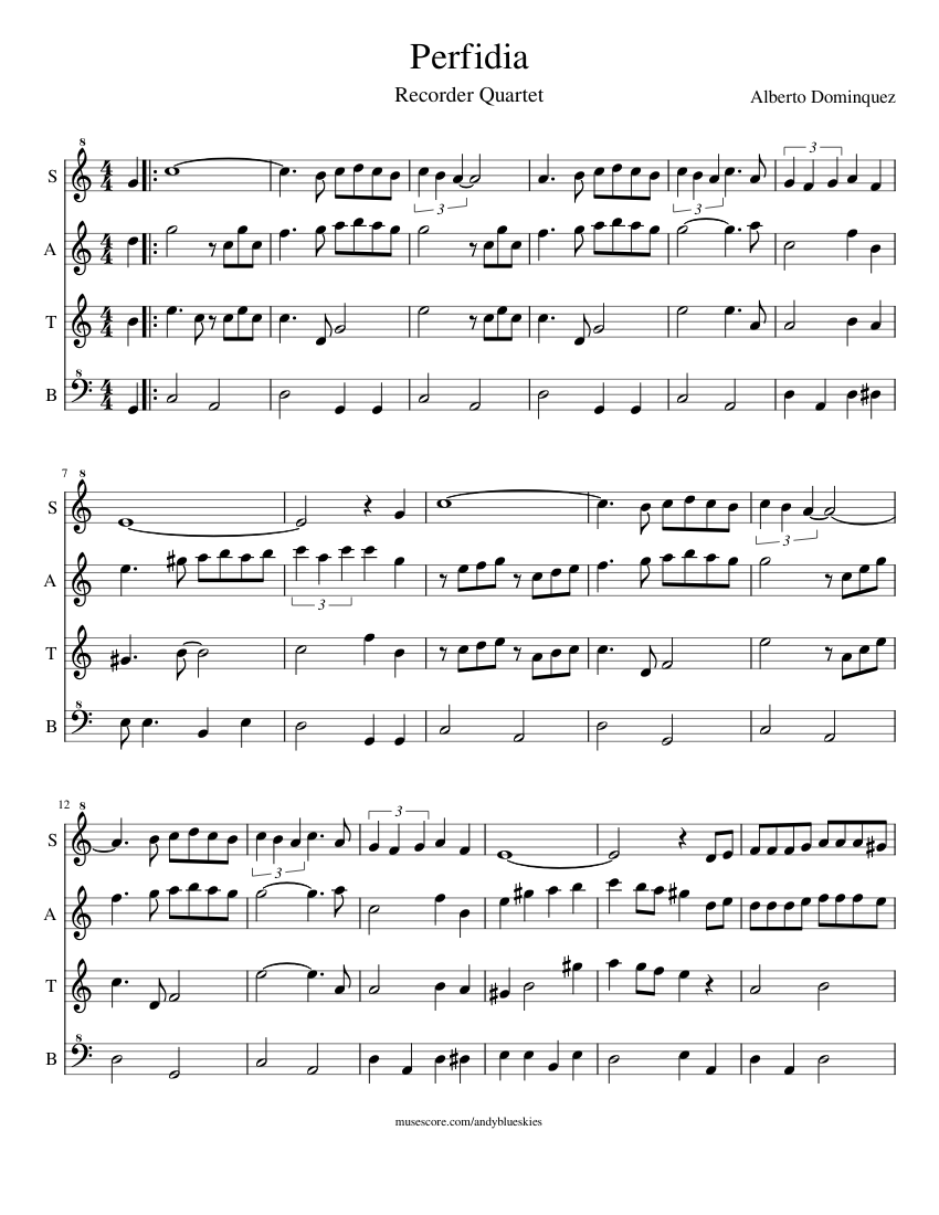 Perfidia - Recorder Quartet Sheet Music for Recorder (Mixed Quartet ...