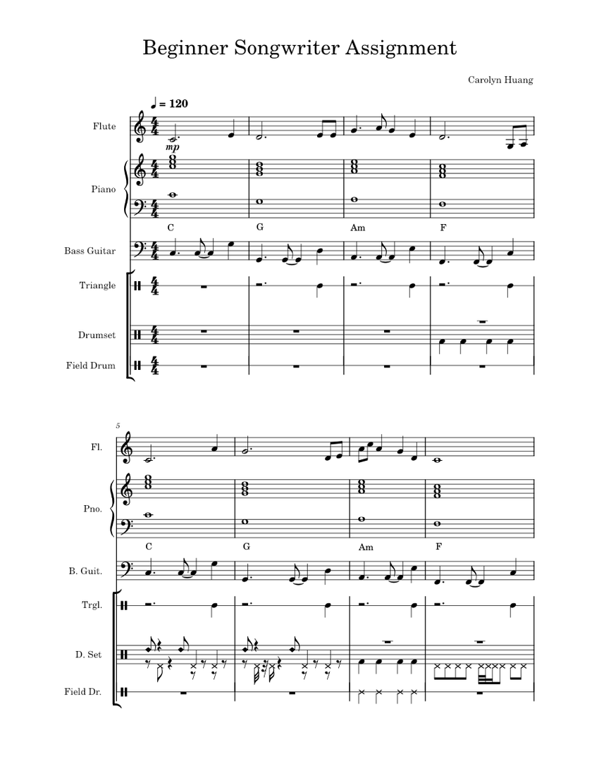 Beginner Songwriter Composition Sheet music for Piano, Flute, Snare ...