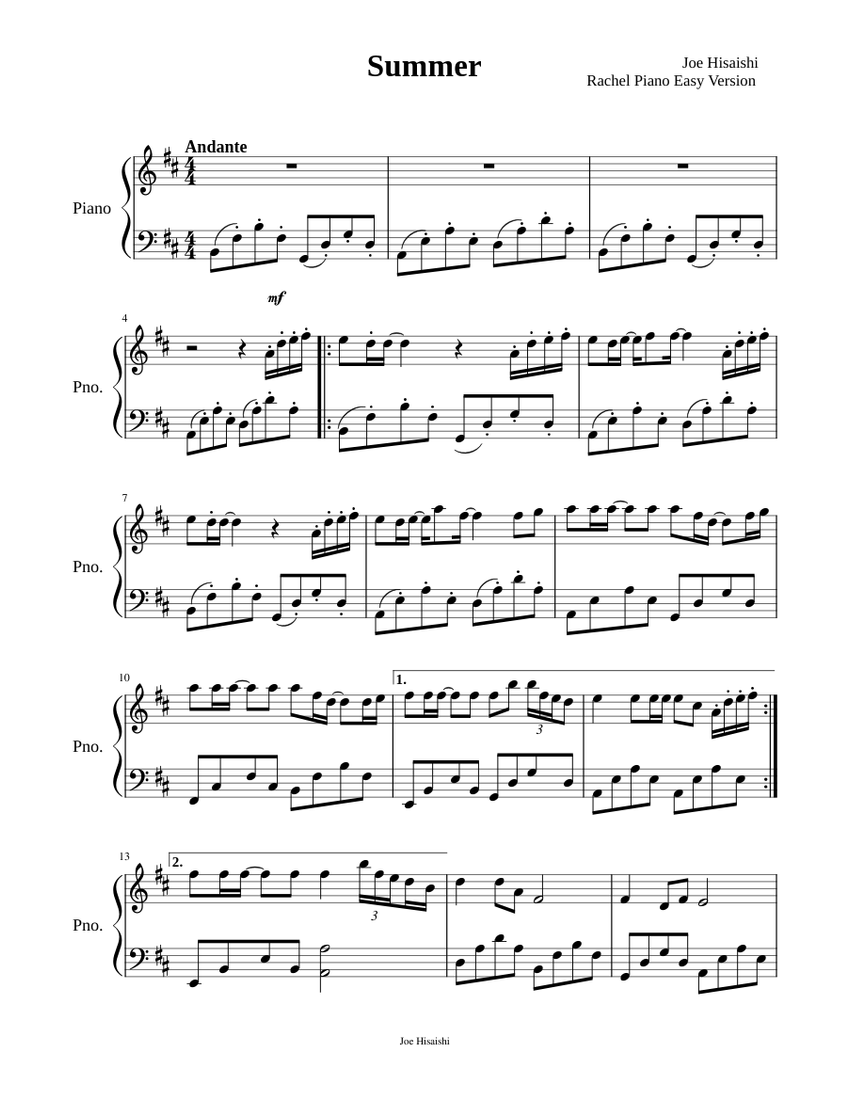 Summer – Joe Hisaishi Super Easy Version Sheet Music for Piano (Solo ...