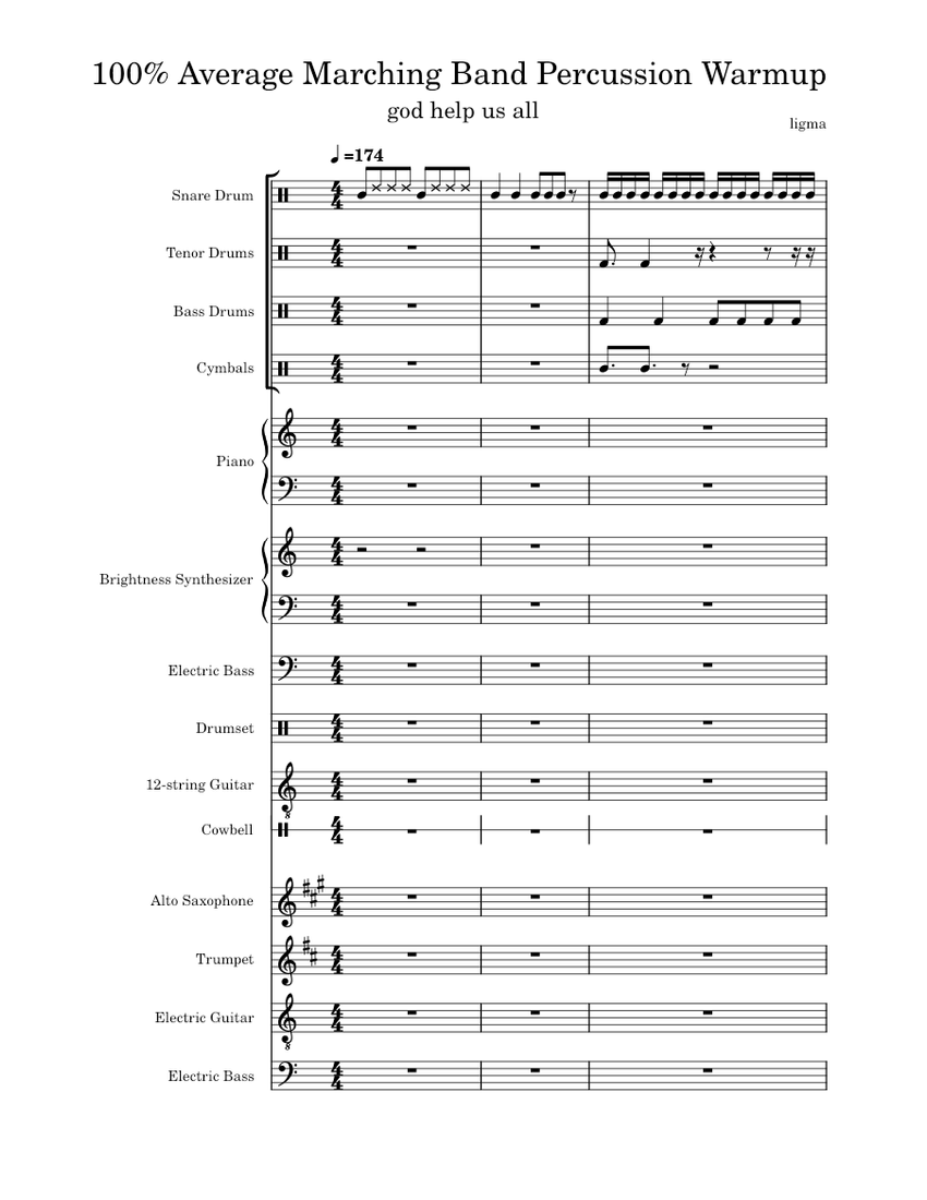 100% Average Marching Band Percussion Warmup Sheet music for Piano, Saxophone alto, Snare drum ...