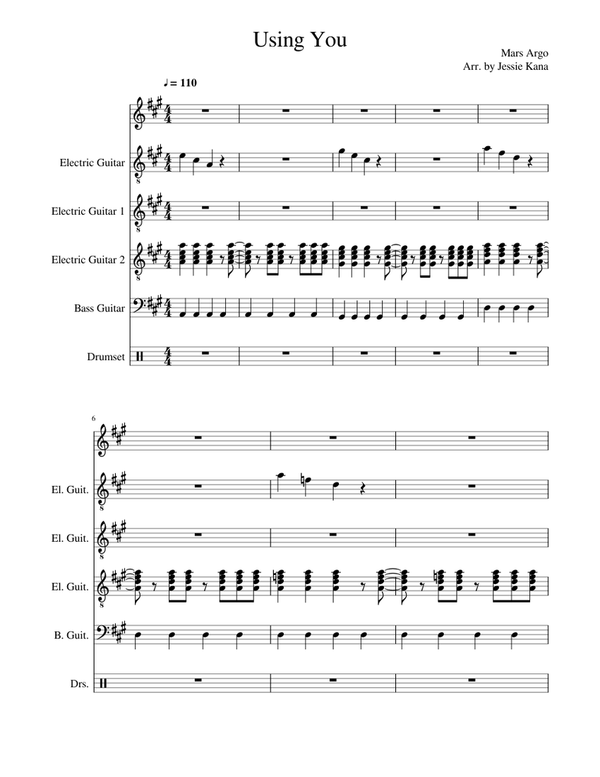 Using You Sheet Music for Vocals, Guitar, Bass guitar, Drum group ...