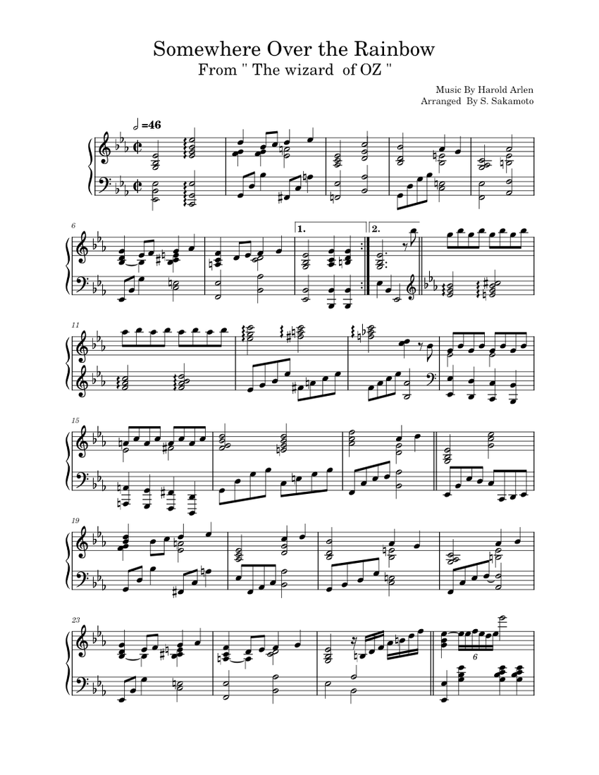 Somewhere Over The Rainbow Judy Garland Sheet Music For Piano Solo