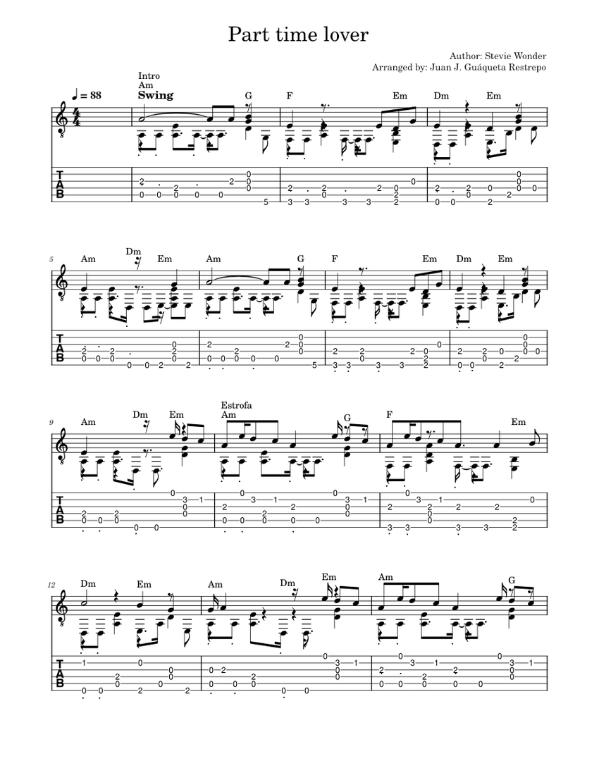 Part Time Lover by Stevie Wonder Sheet Music and Tab for Guitar (Solo ...