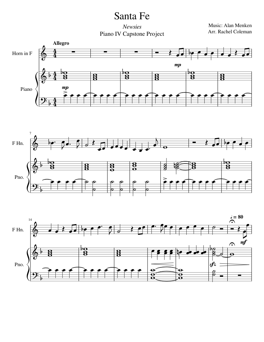 Santa Fe - Newsies Sheet Music for Piano, French horn (Solo ...