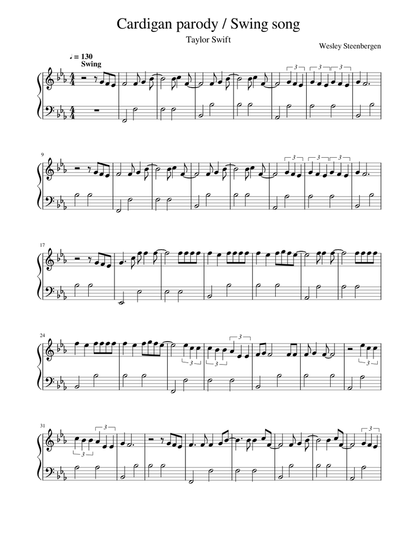 Cardigan - Taylor Swift Sheet Music for Piano (Solo) | MuseScore.com