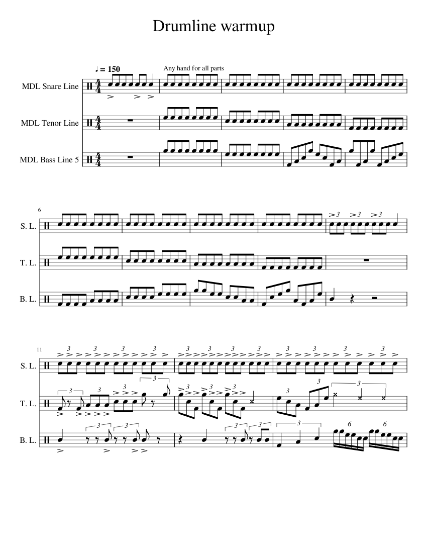 Drumline_warmup Sheet music for Snare drum, Tenor drum, Bass drum ...