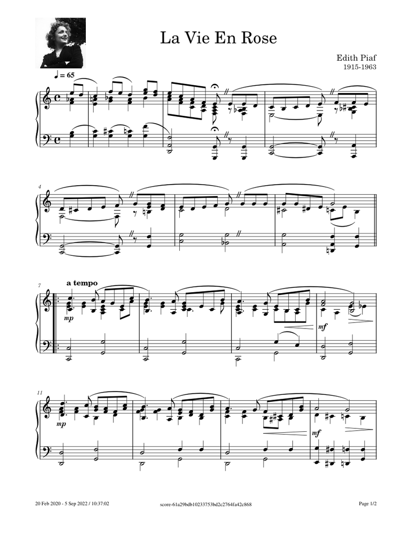 La vie en rose – Édith Piaf Sheet music for Piano (Solo) | Musescore.com