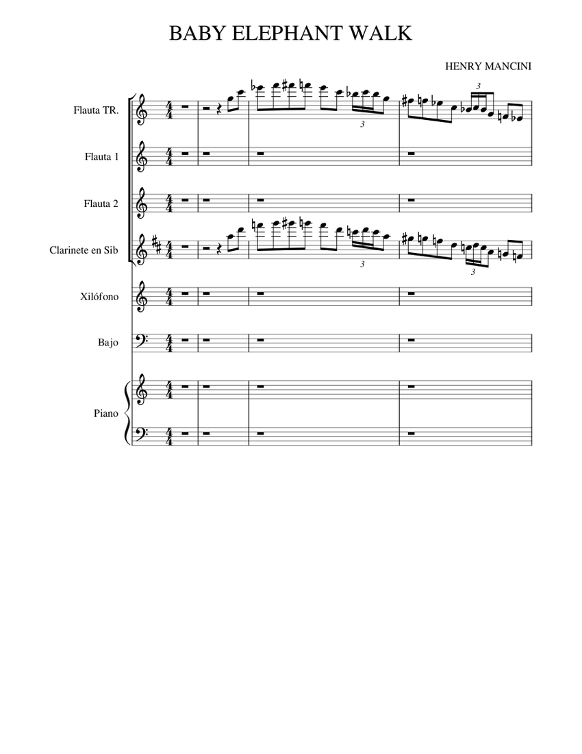BABY ELEPHANT WALK Sheet music for Piano, Flute, Bass guitar, Xylophone ...