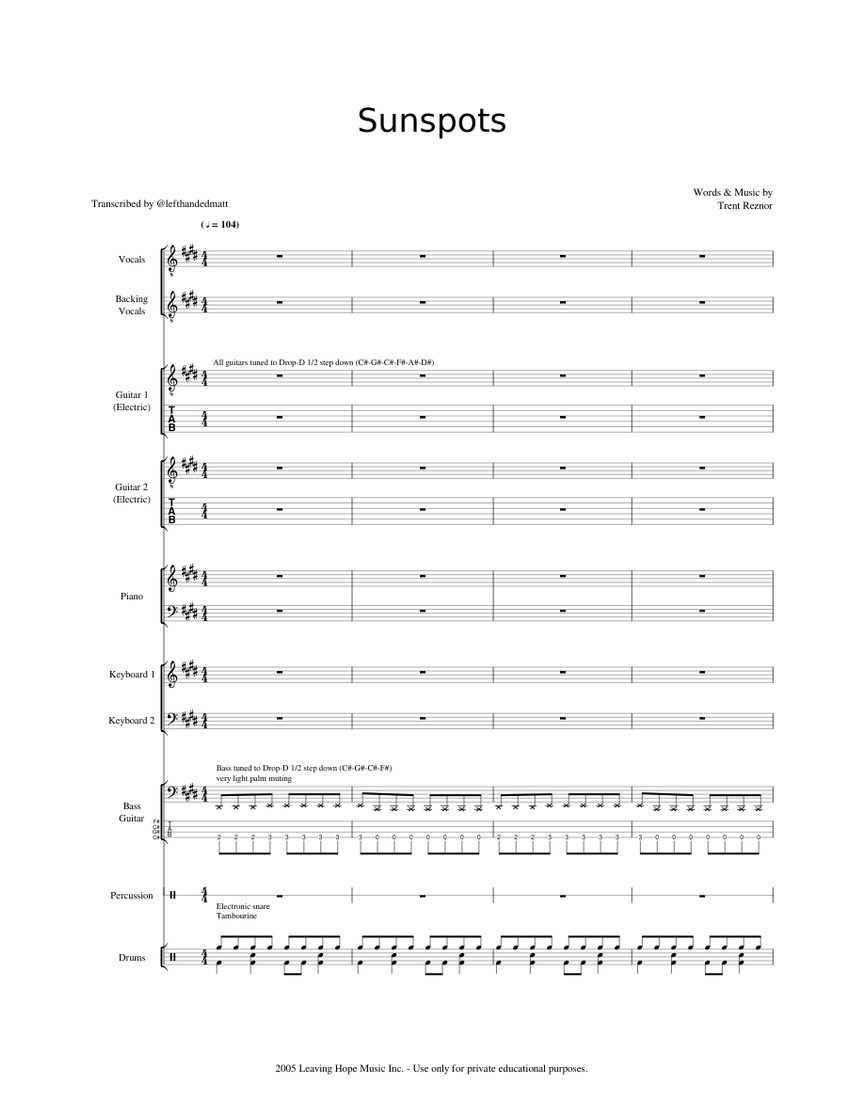 Nine Inch Nails - Sunspots Sheet Music for Piano, Vocals, Snare drum ...