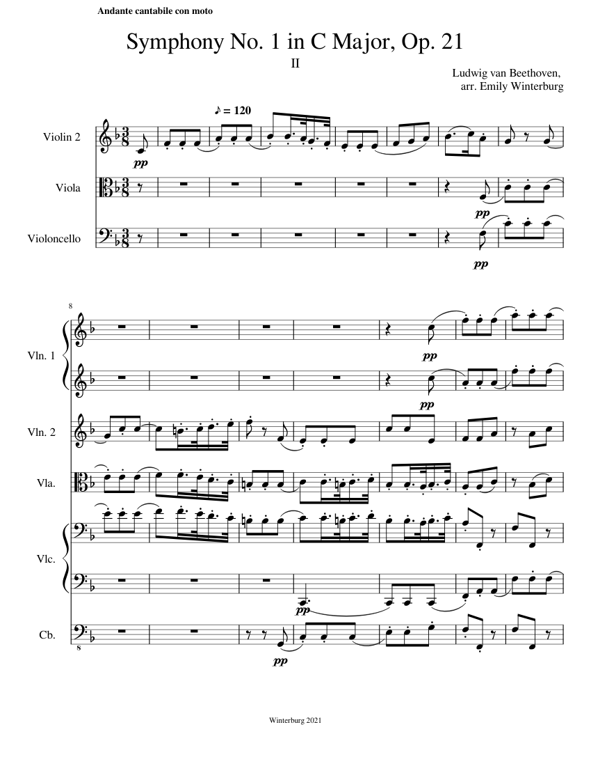Symphony No.1, Op.21, Mvt. II– Ludwig van Beethoven Sheet music for Contrabass, Violin, Viola ...