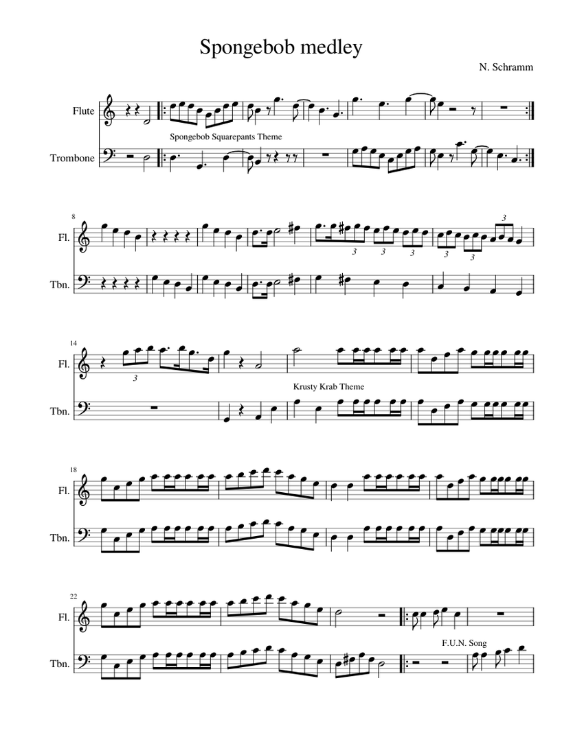 Spongebob medley Sheet Music for Trombone, Flute (Mixed Duet ...