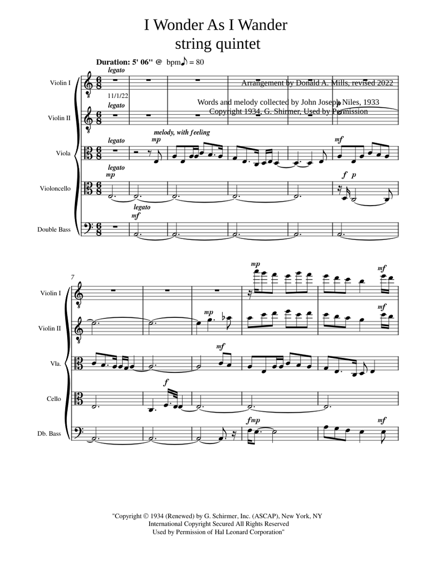 I Wonder As I Wander – Appalachian Carol Sheet Music for Contrabass ...