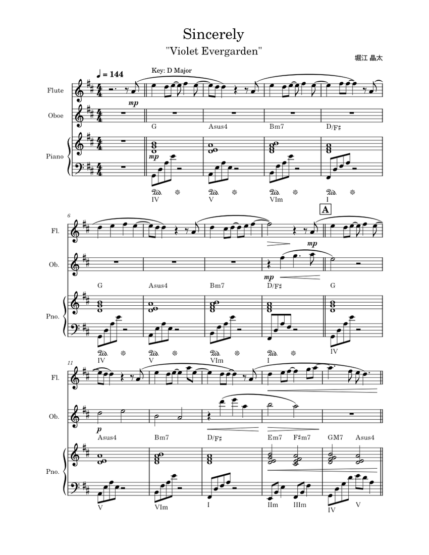Sincerely – Evan Call Sheet music for Piano, Flute, Oboe (Mixed Trio ...