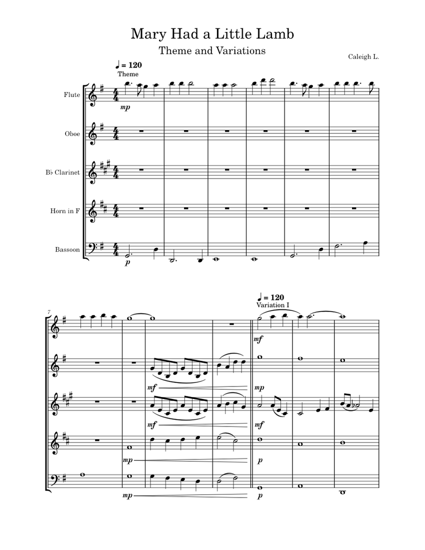Mary Had a Little Lamb - Theme and Variations Sheet Music for Flute ...