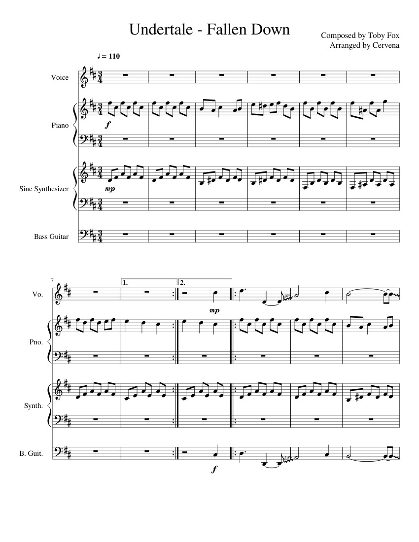 Undertale - Fallen Down Sheet Music for Piano, Vocals, Bass guitar ...