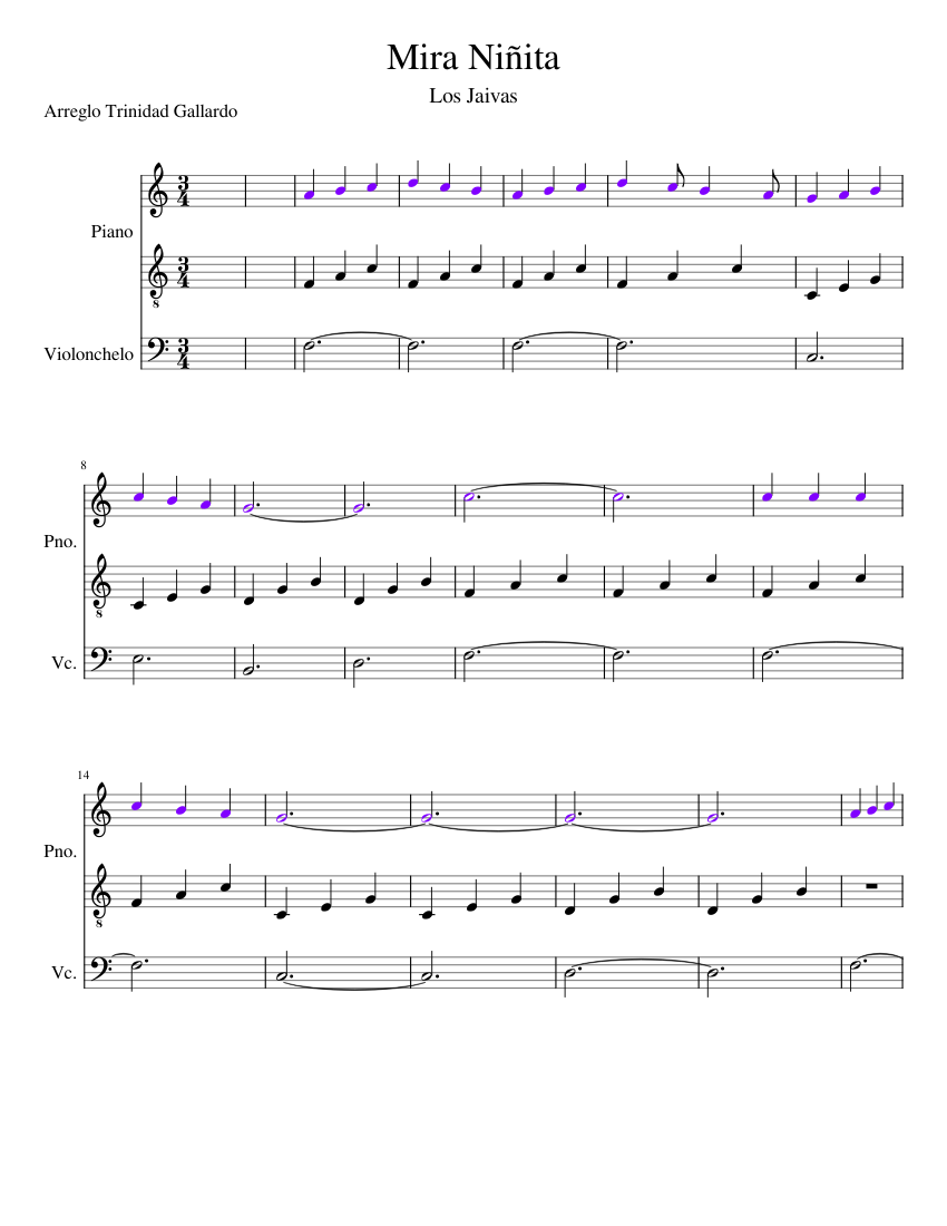 MIRA NIÑITA LOS JAIVAS CON ACOMPAÑAMIENTO Sheet Music for Piano, Cello ...