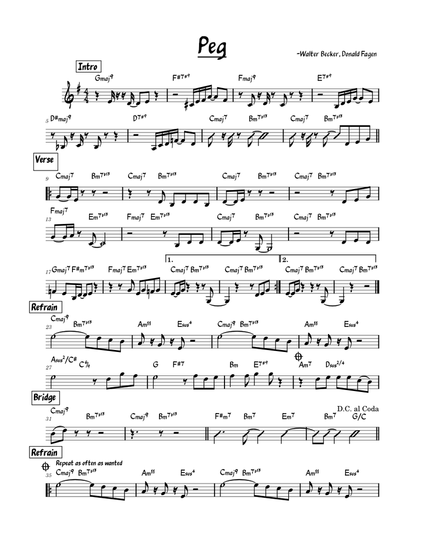 Peg – Steely Dan Leasheet Sheet Music with Chords for Piano (Jazz Band ...