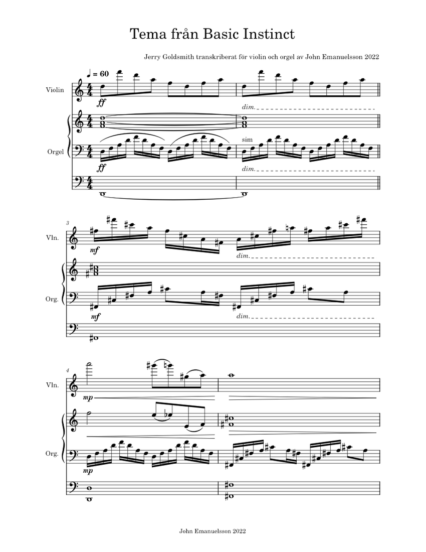 Main theme from basic instinct – Jerry Goldsmith Tema från Basic Instinct Vln Org - piano tutorial
