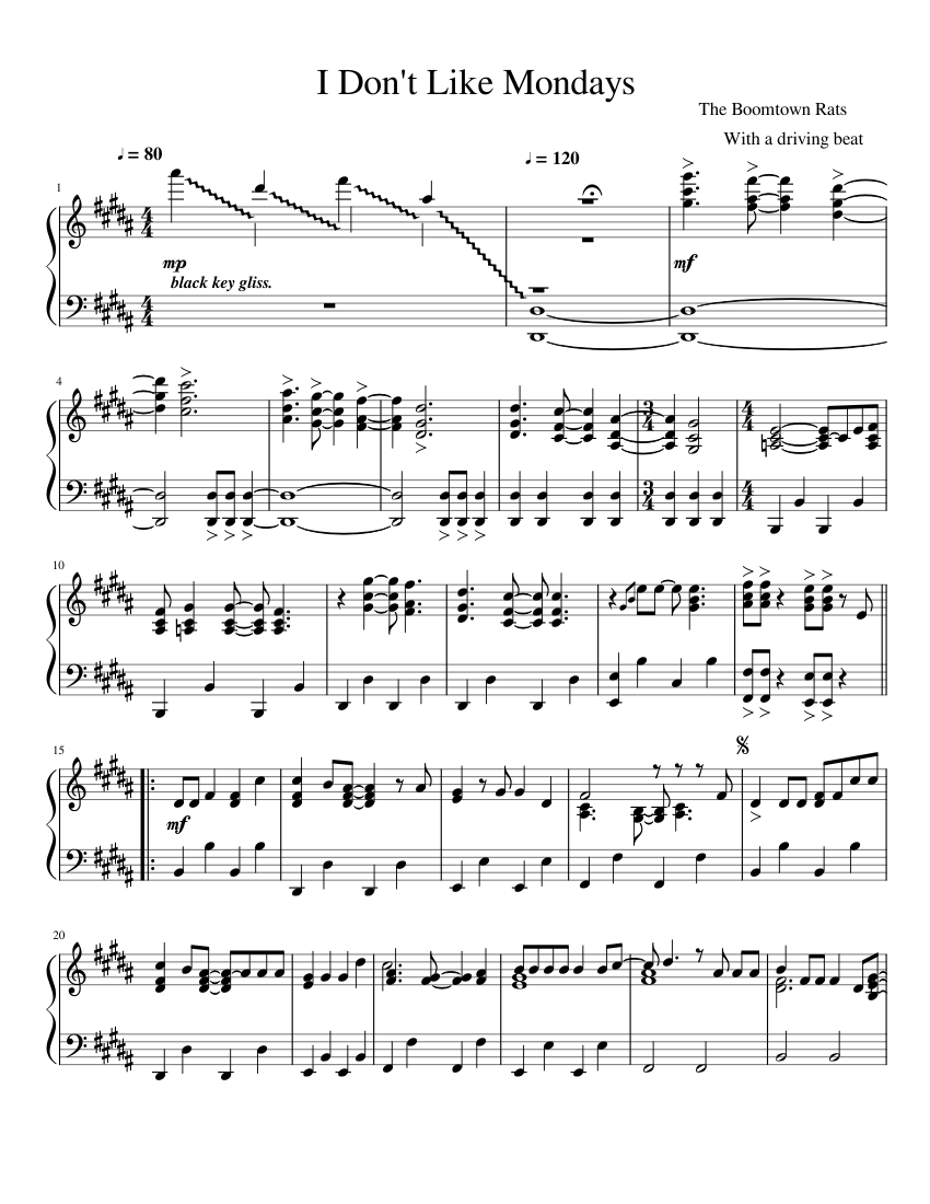 I Don't Like Mondays Sheet Music for Piano (Solo) | MuseScore.com