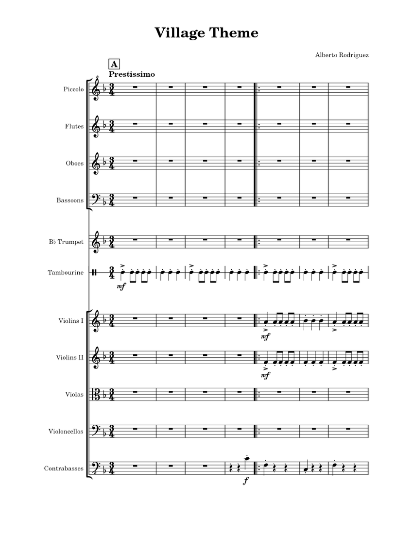 Village Theme ! Sheet music for Tambourine, Flute piccolo, Flute, Oboe ...