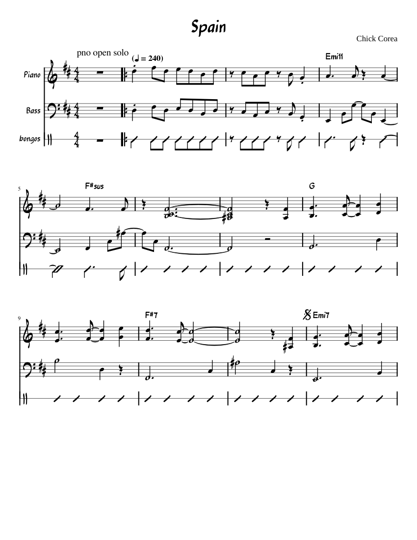 Spain – Chick Corea Sheet music for Piano, Bass guitar, Bongo (Piano ...