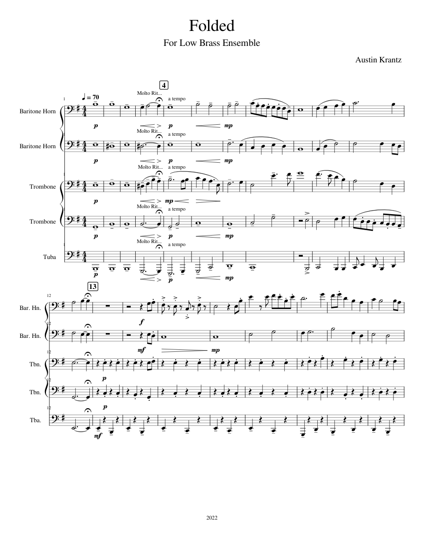 Folded Sheet Music for Trombone, Tuba, Baritone horn (Brass Ensemble ...