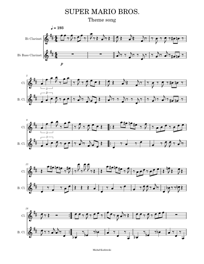 Super Mario Brothers Medley Sheet music for Clarinet in b-flat ...