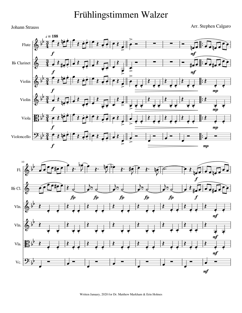 Frühlingsstimmen Walzer - Johann Strauss (Sextet) Sheet Music for Flute ...