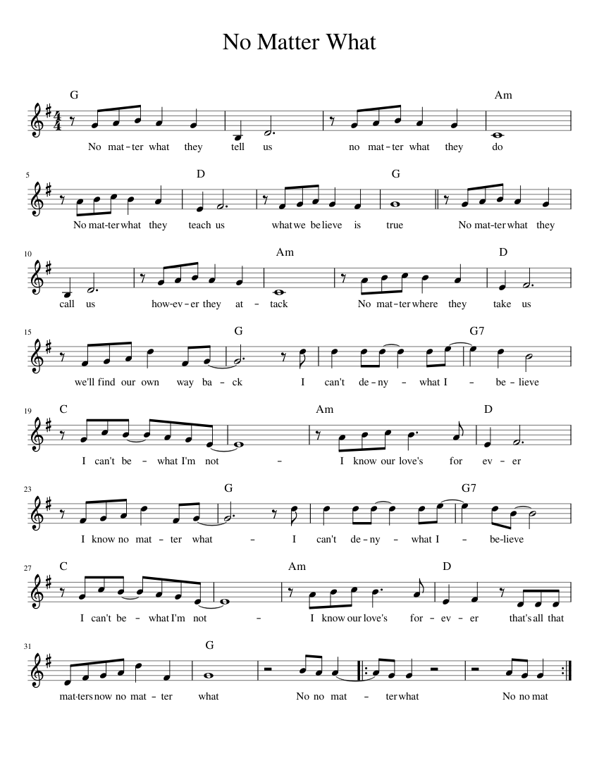 No Matter What Sheet Music with Chords for Piano (Solo) easy ...
